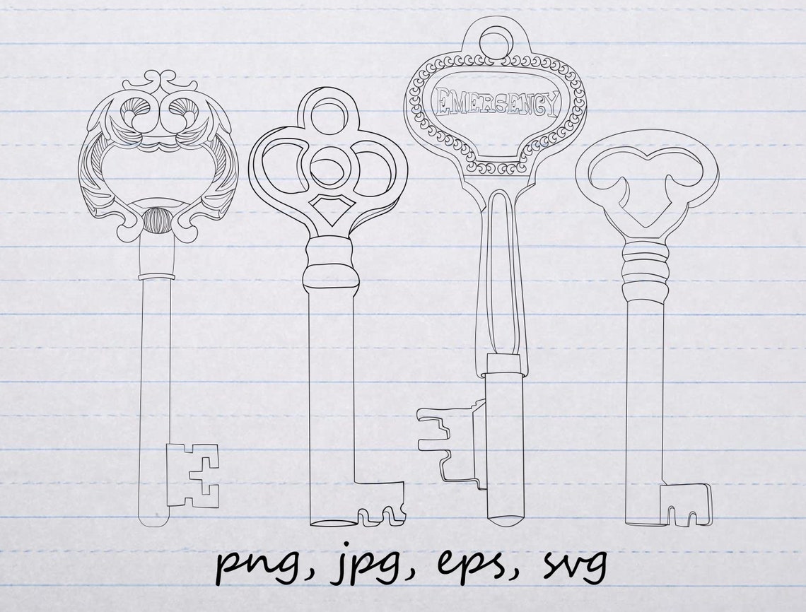 Set of 4 Skeleton Keys Outline Clipart Vector Graphic Digital | Etsy