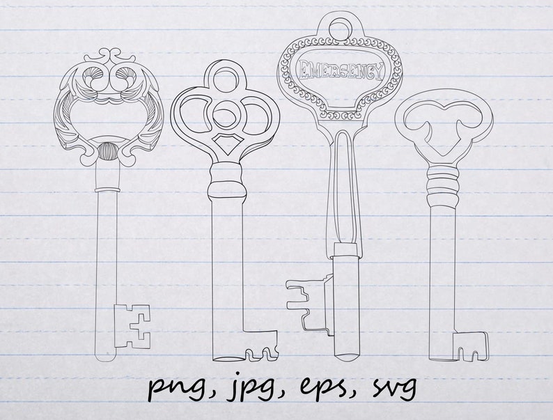 Set of 4 Skeleton Keys Outline Clipart Vector Graphic Digital - Etsy