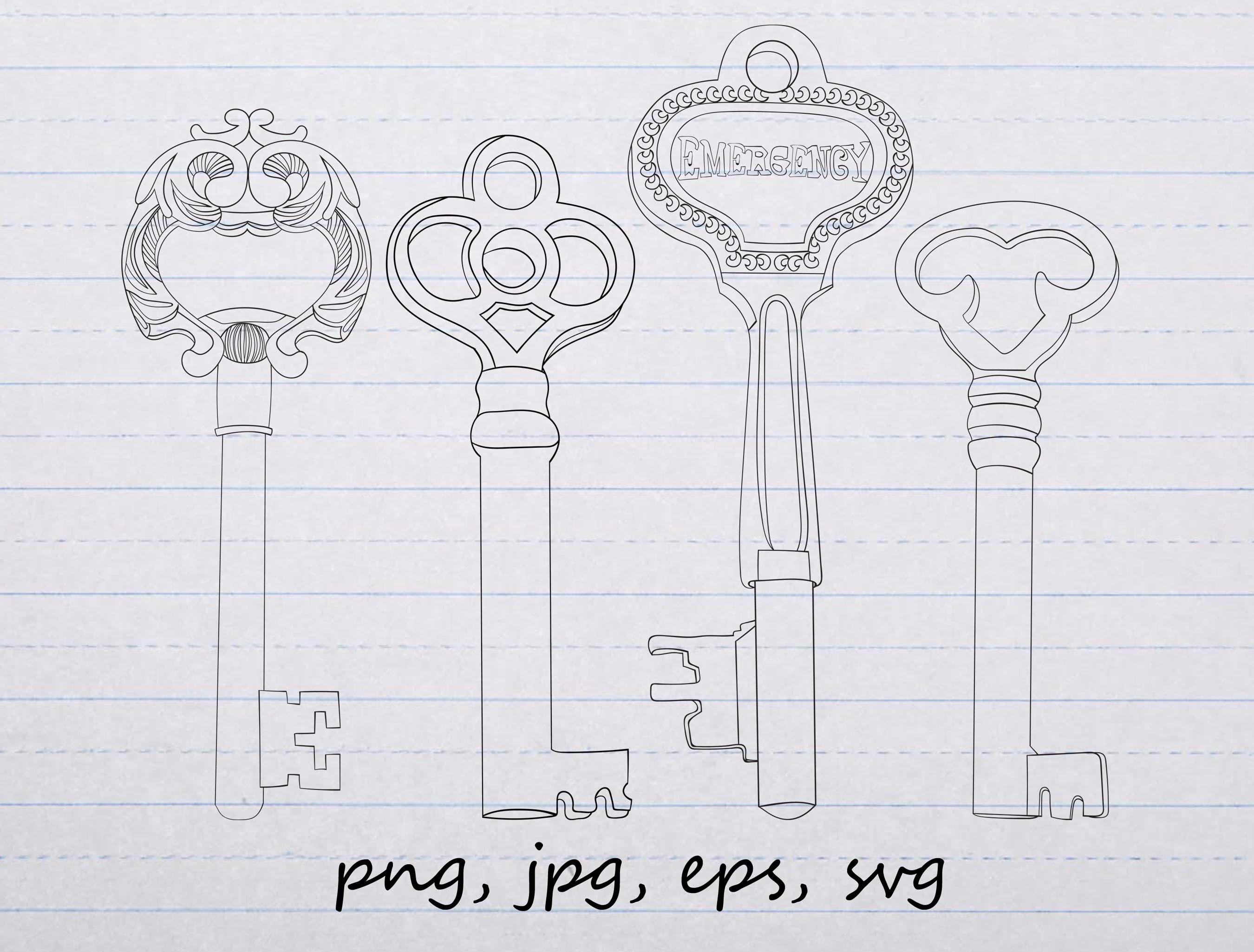 Set of 4 Skeleton Keys Outline Clipart Vector Graphic Digital | Etsy