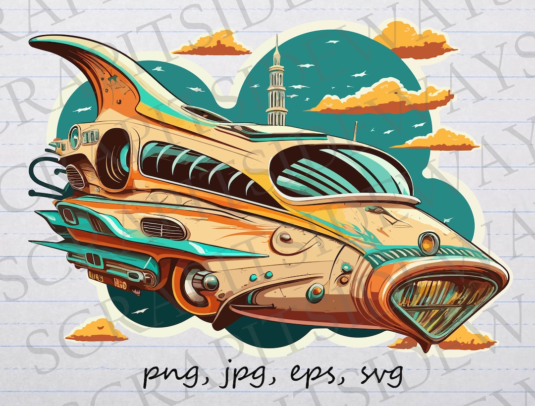 Retro Futuristic Flying Car Clipart Vector Graphic Svg Png Jpg Eps Sci ...