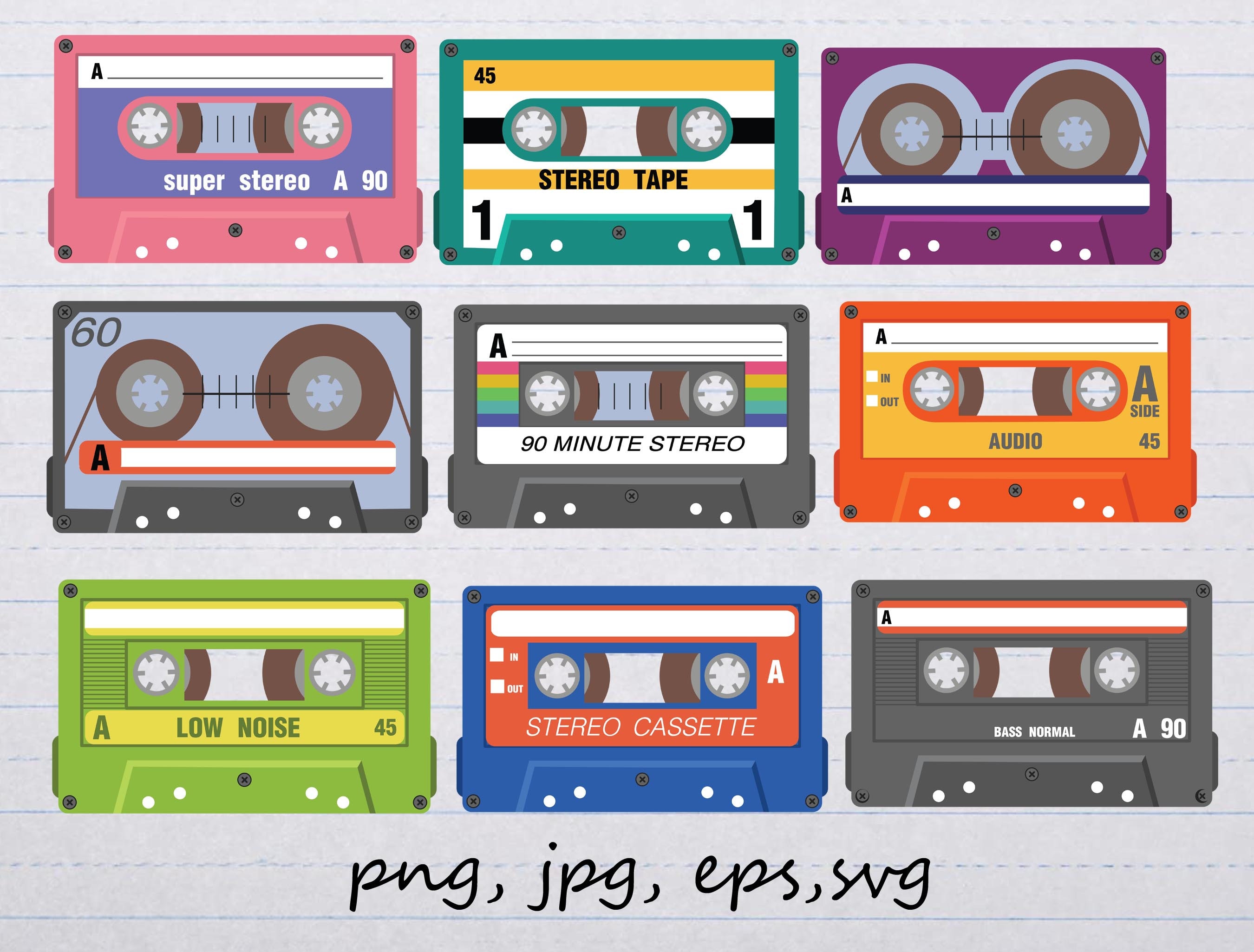 Lot Of 9 Vintage Cassette Tapes Clipart Vector Graphics And Etsy