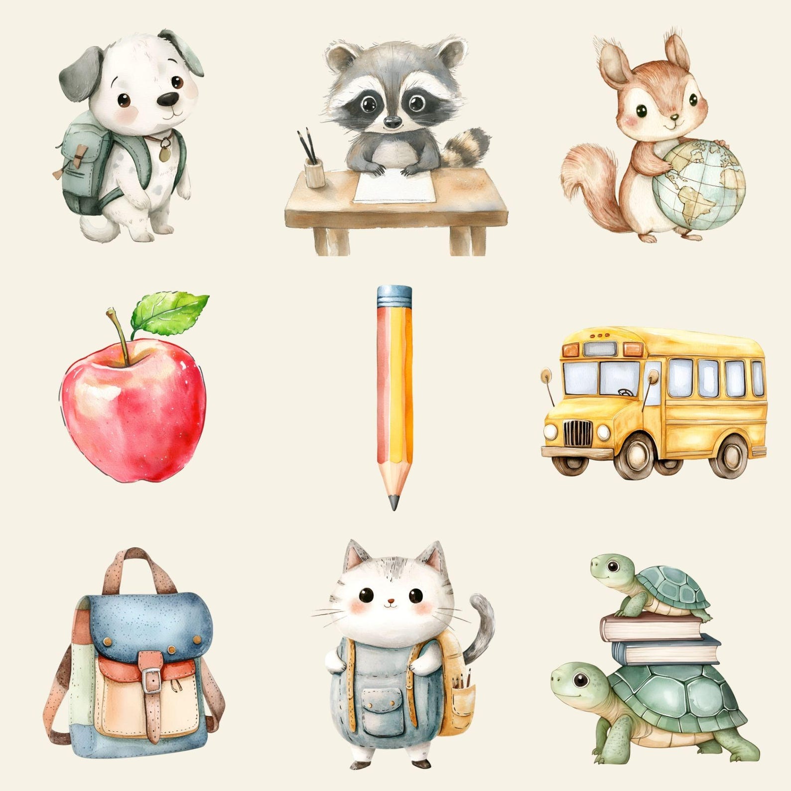 Cute Back to School Animals Clipart | 9 PNG Quirky Watercolor Graphics ...