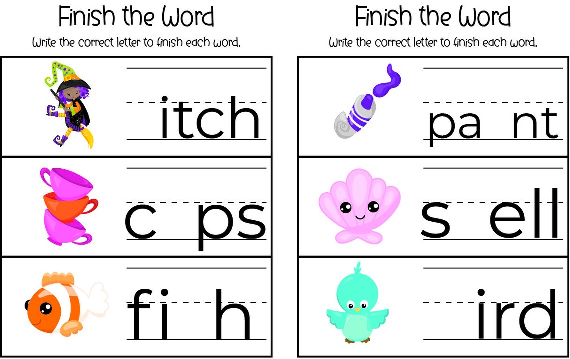 9 Page Finish the Word Worksheet Printable Instant Download Educational ...