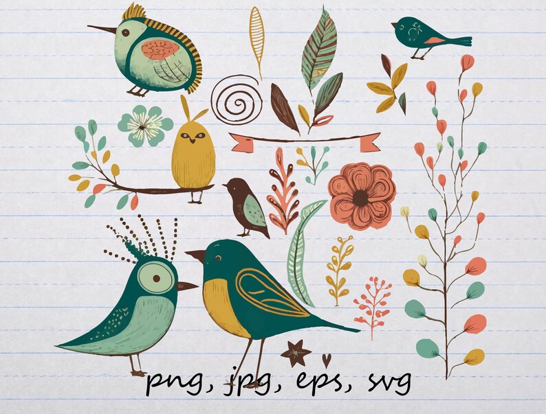 21 Piece Whimsical Birds Clipart Set Svg Vector Clipart Png - Etsy