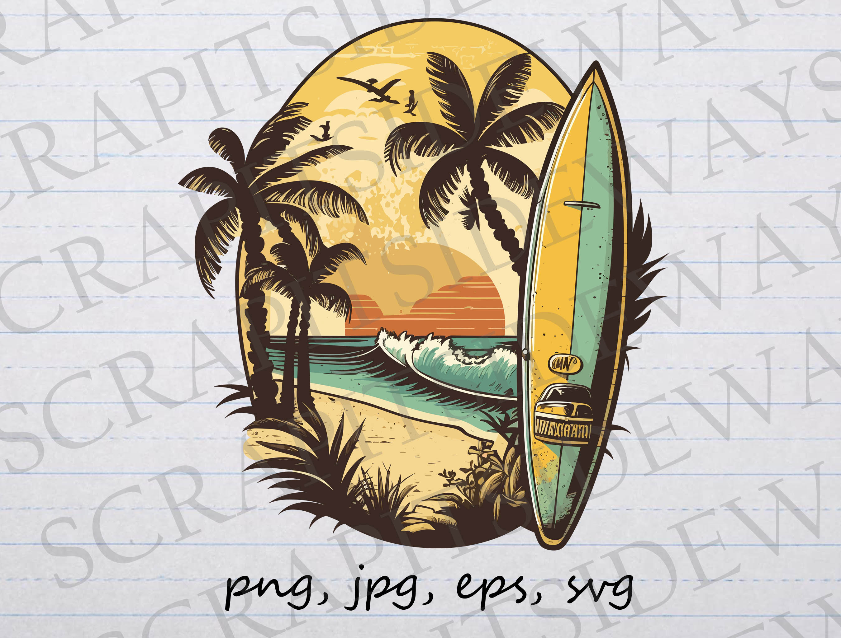 Beach Ocean Surfboard Scene Clipart Vector Graphic Svg Png Jpg - Etsy