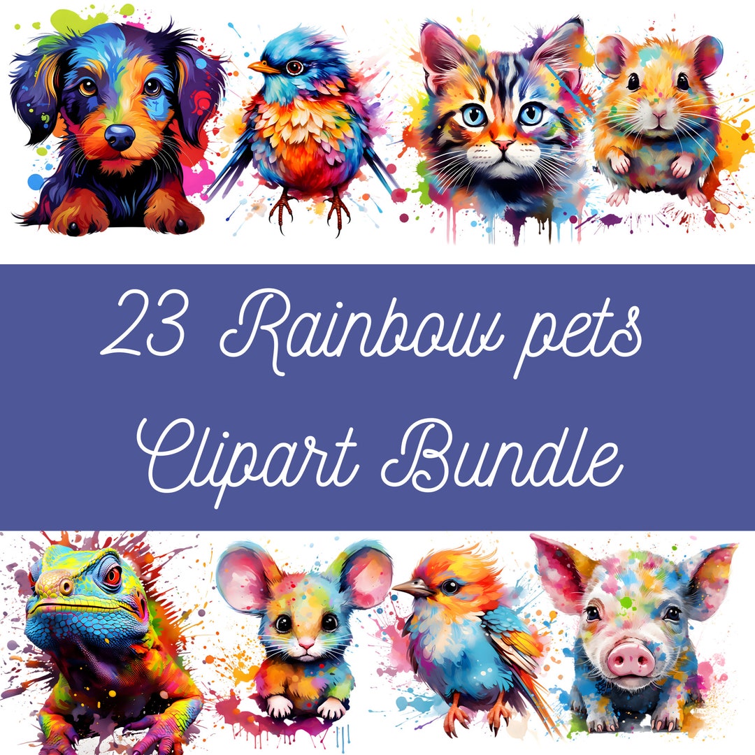Rainbow Pets Clipart Set of 23 Graphics Png Bundle Dog Cat Parrot Bird ...