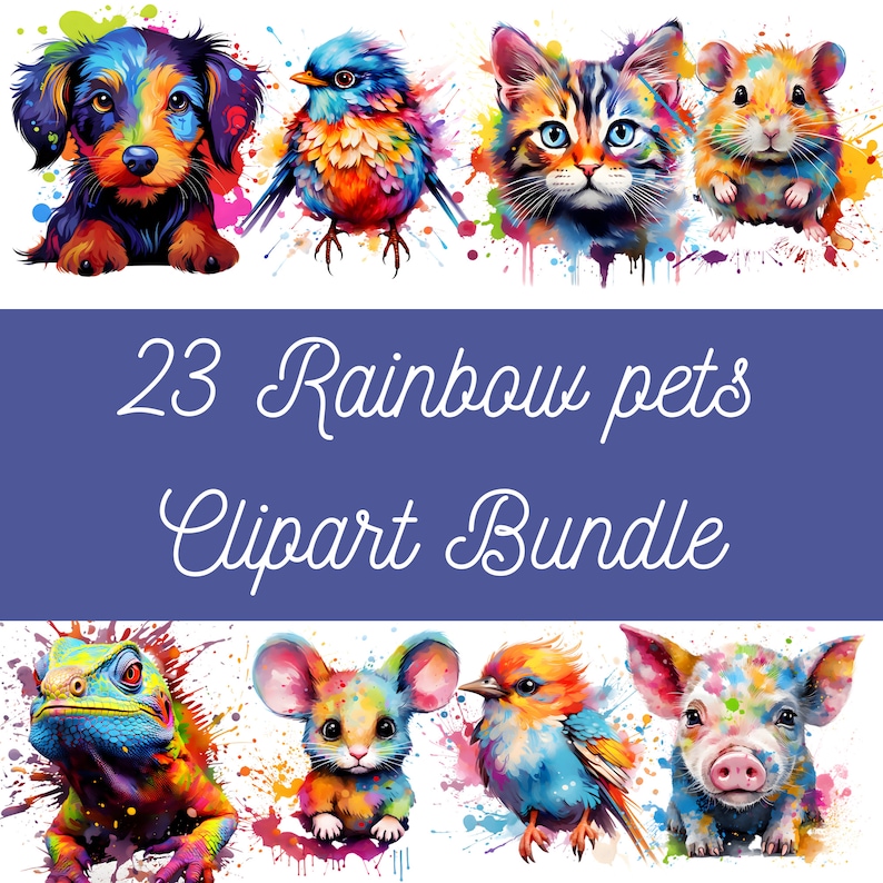 Rainbow Pets Clipart Set of 23 Graphics Png Bundle Dog Cat Parrot Bird ...