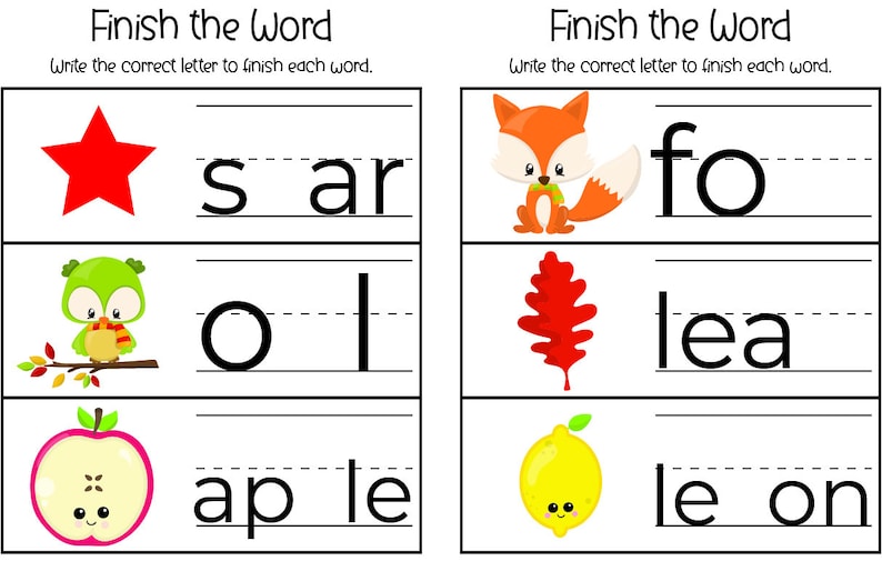 9 Page Finish the Word Worksheet Printable Instant Download Educational ...