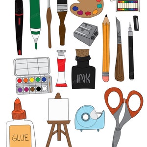 Set of 16 Art Supplies Clipart Doodle Hand Drawn Digital Images ...