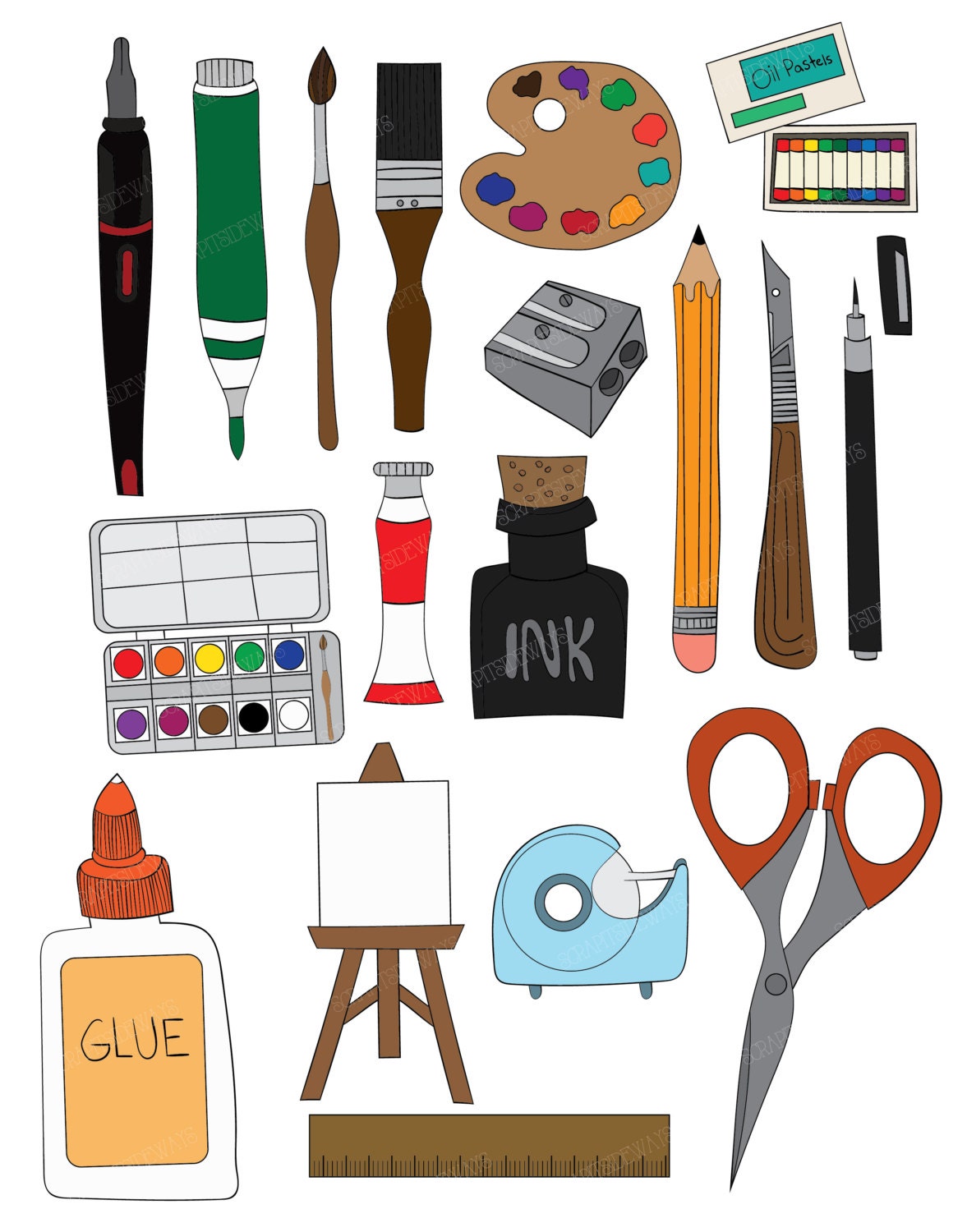Set of 16 Art Supplies Clipart Doodle Hand Drawn Digital - Etsy