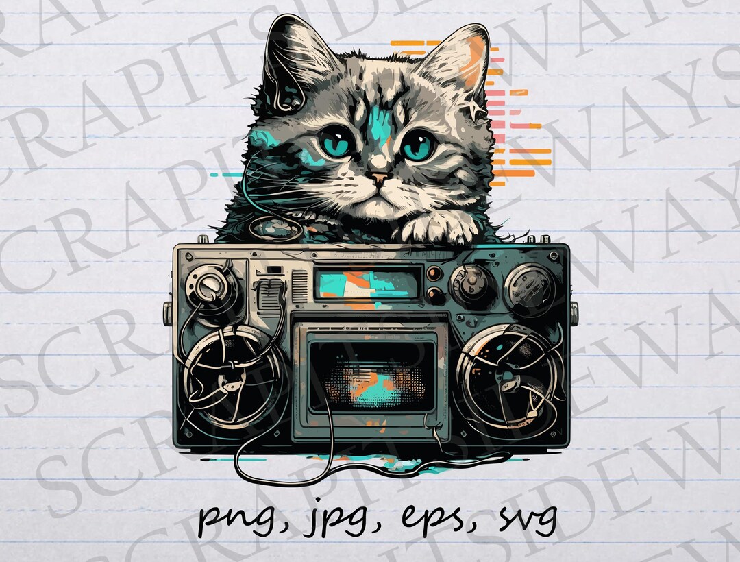 Boom Box Cat Clipart Vector Graphic Svg Png Jpg Eps Kitty Vintage Music ...
