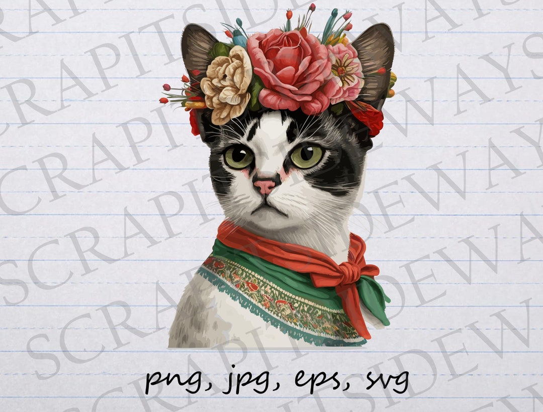Frida Kahlo Cat Clipart Vector Graphic Svg Png Jpg Eps Kitty Kitten Cat ...