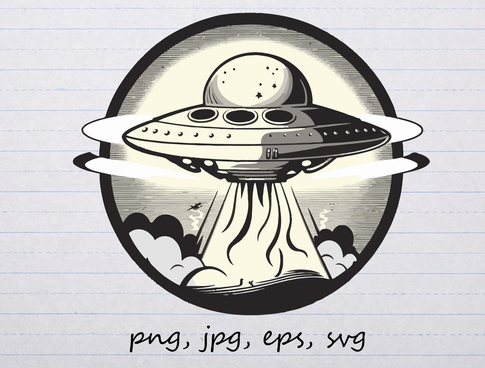 Vintage UFO Alien Vector Graphic Svg Png Jpg Eps Clipart Retro Line Art ...