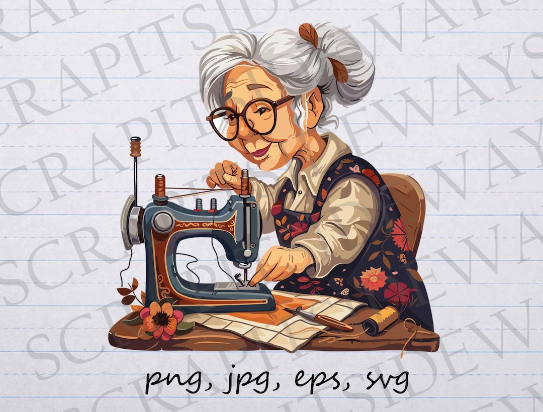 Whimsical Granny at Sewing Machine Clip Art Clipart Vector Graphic Svg ...