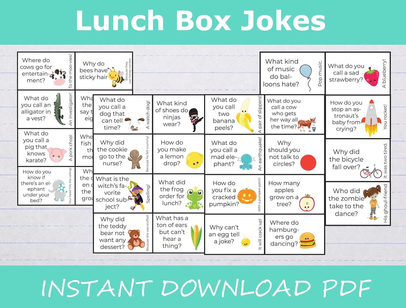Set of 32 Printable Lunchbox Jokes for Kids, Lunch Box Jokes Printable ...
