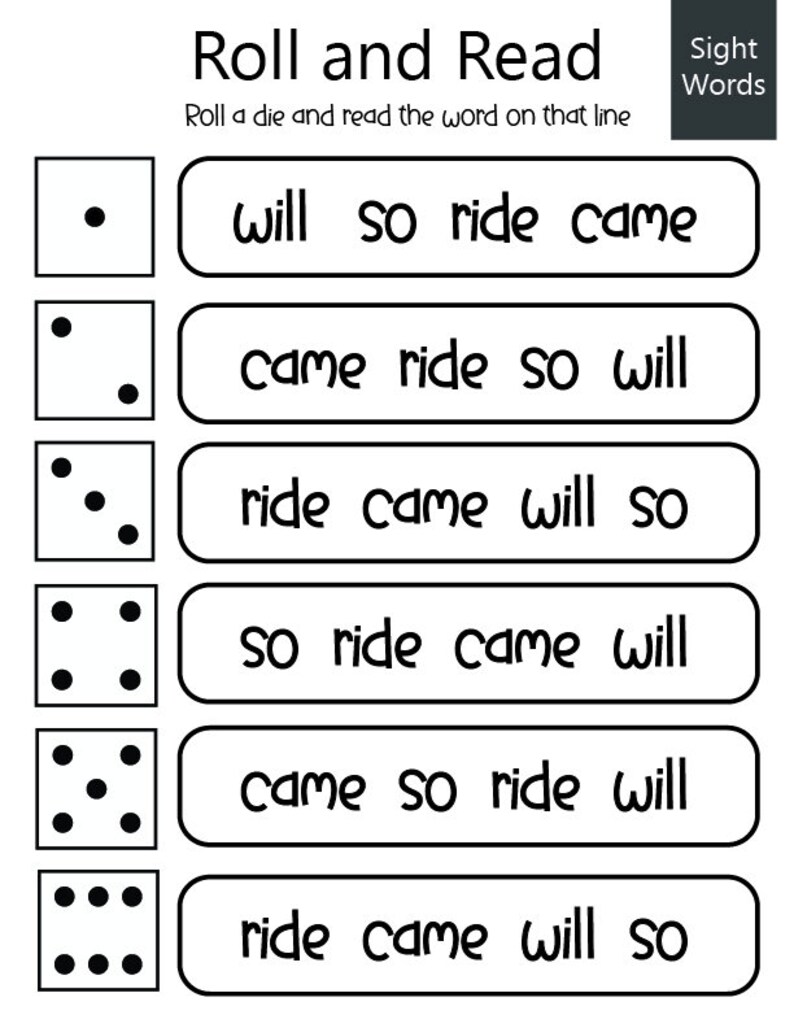 Roll and Read Sight Words Worksheets 13 Page Printable Instant - Etsy