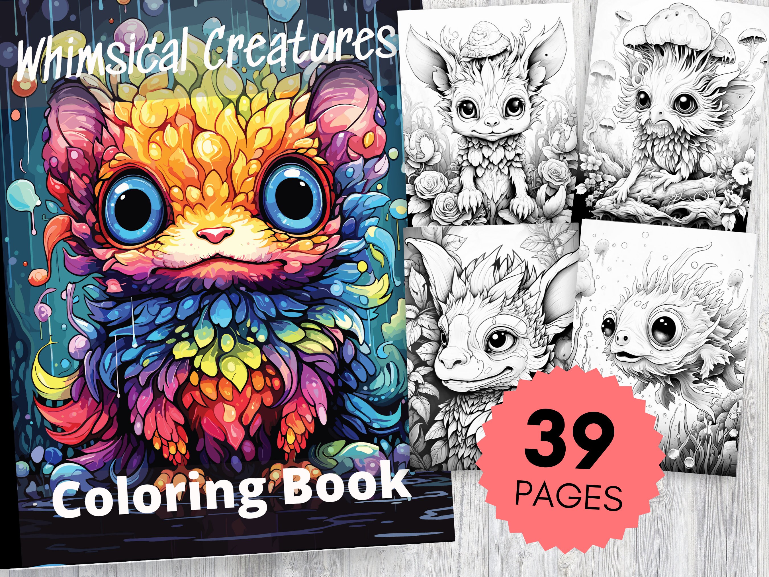 Whimsical Creatures Grayscale Coloring Book 39 Pages Adult - Etsy
