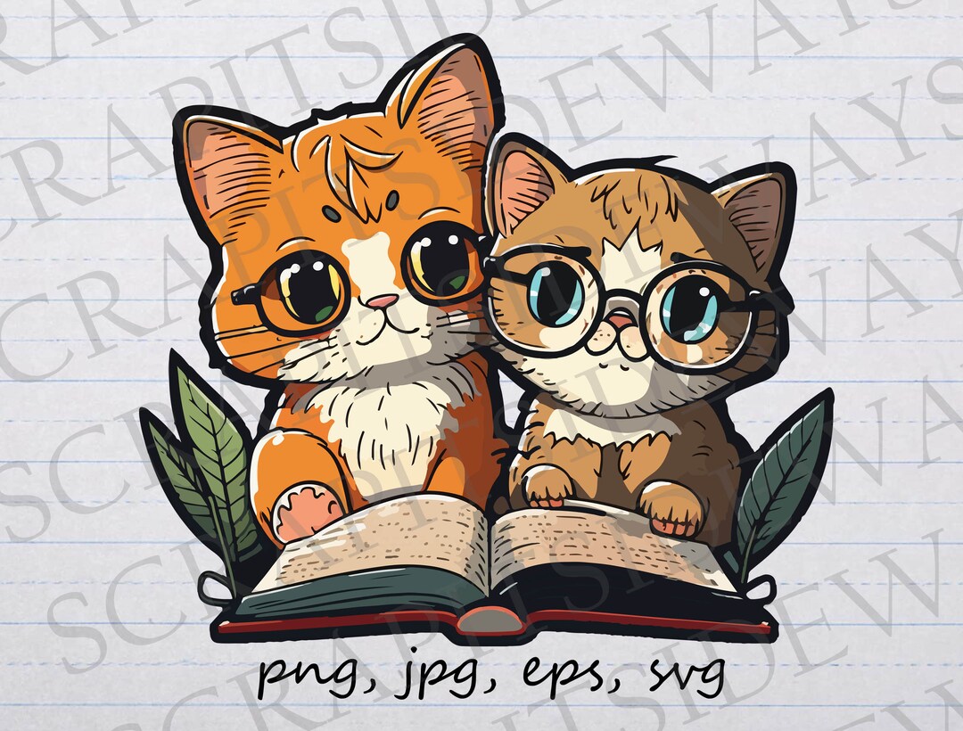 Cats Reading a Book Clipart Vector Graphic Svg Png Jpg Eps Cats With ...