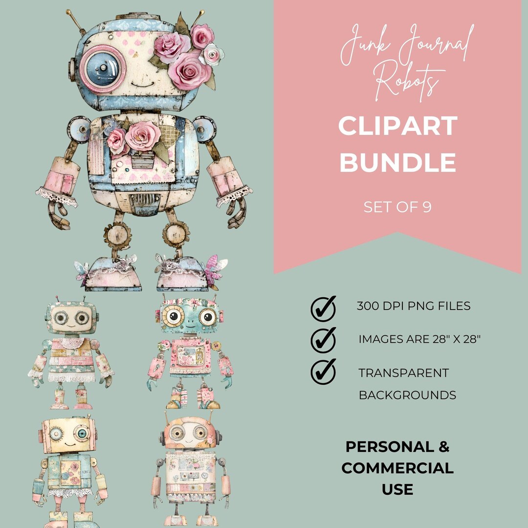 9 Shabby Chic Robots Clipart | Junk Journal Ephemera, Mixed Media ...