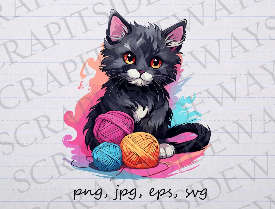 Kitten With Yarn Clipart Vector Graphic Svg Png Jpg Eps, Knitting ...