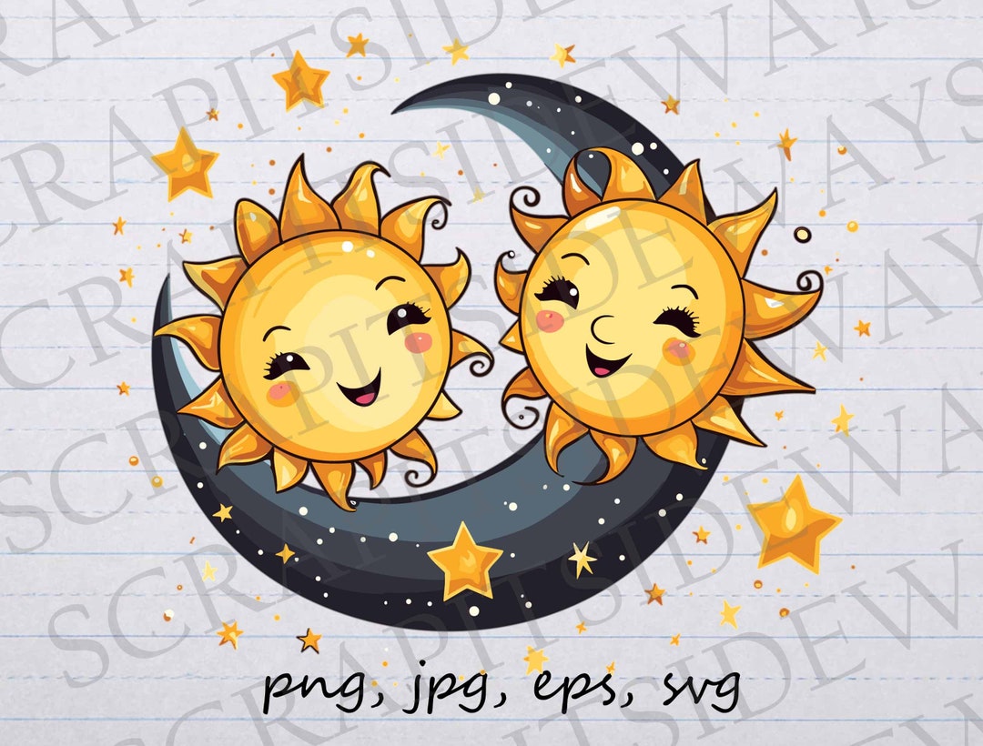 Smiling Sun Moon and Stars Clip Art Clipart Vector Graphic Svg Png Jpg ...