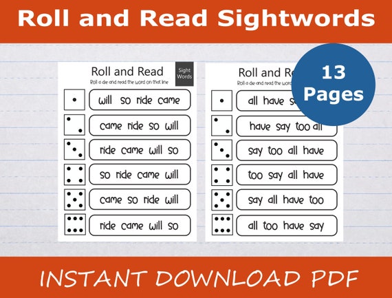 Roll and Read Sight Words Worksheets 13 Page Printable Instant | Etsy