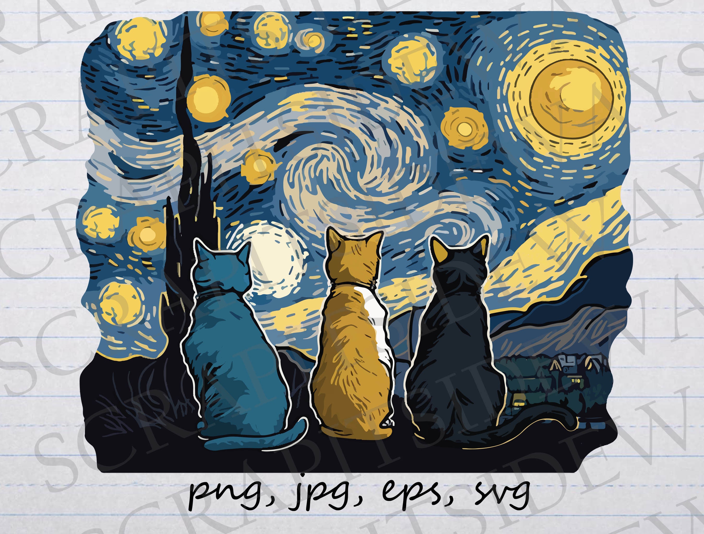 Starry Night Cats Clipart Vector Graphic Svg Png Jpg Eps Van - Etsy