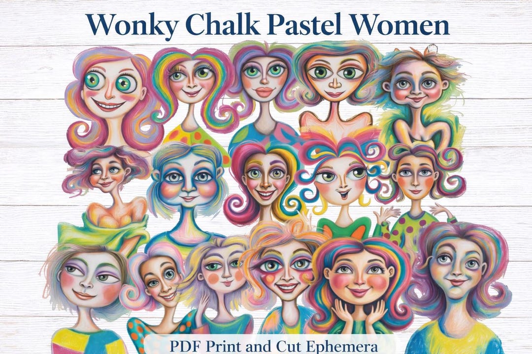 Wonky Women Printable Ephemera, Chalk Pastel Faces, Junk Journal Fussy ...