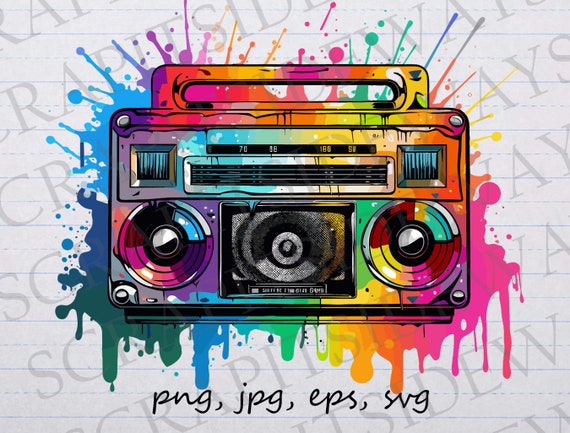 Rainbow stereo clipart vector graphic svg png jpg eps boom box radio vintage music retro music paint splatter stereo colorful stereo