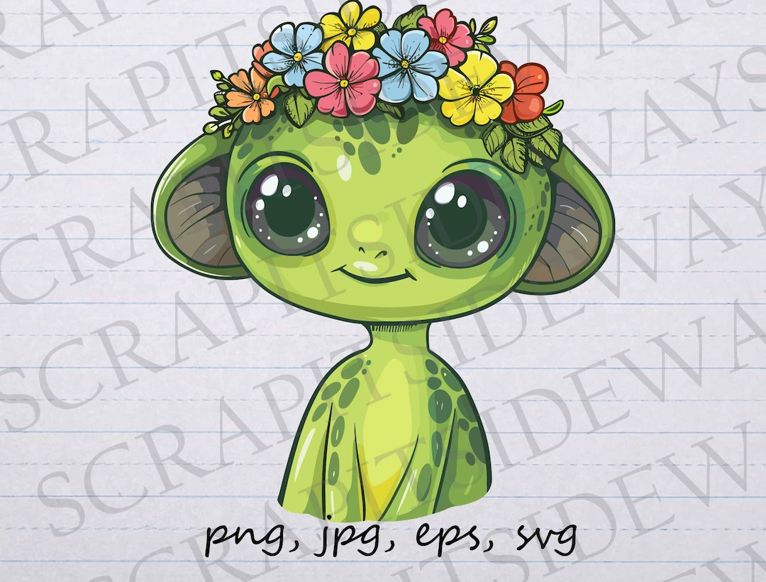 Cute Green Alien With Flowers Clip Art Clipart Vector Graphic Svg Png ...