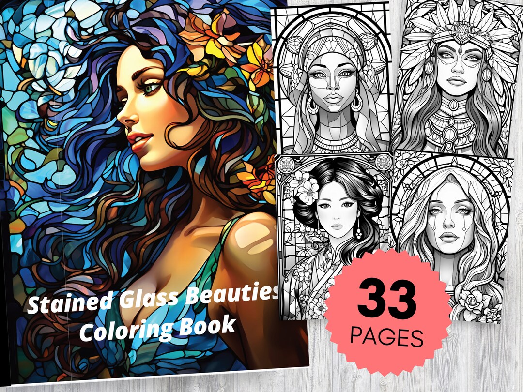 Stained Glass Beauties Women Grayscale Coloring Book 33 Pages Adult ...