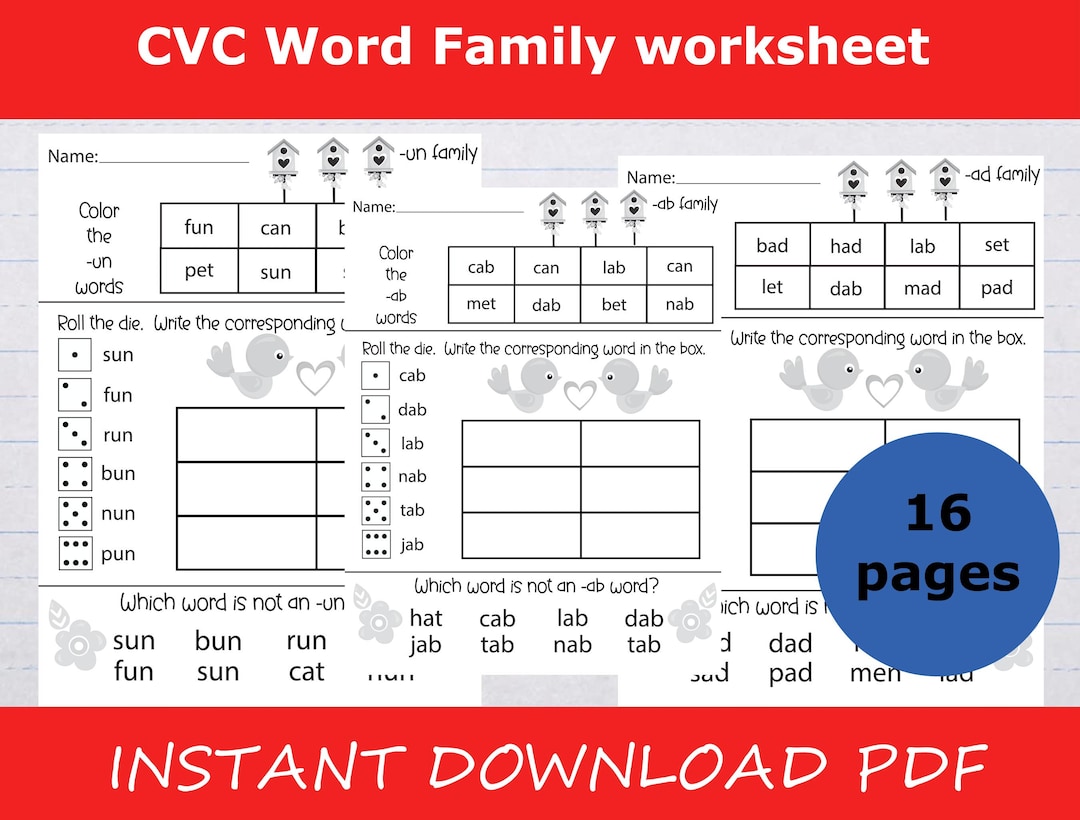 16 Page CVC Word Family Worksheets Printable Instant Download ...