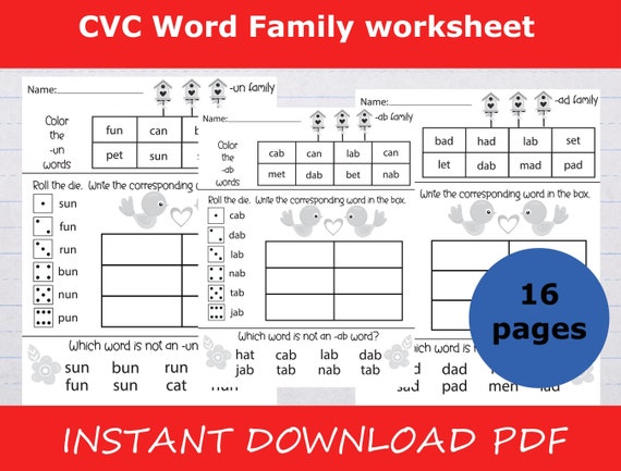 16 Page CVC Word Family Worksheets Printable Instant Download | Etsy