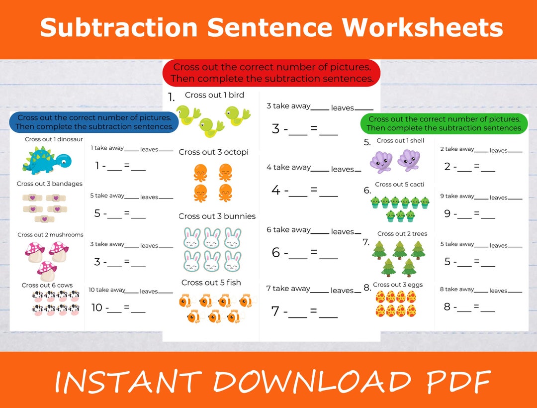 Subtraction Sentence Worksheets Printable Instant Download Educational ...