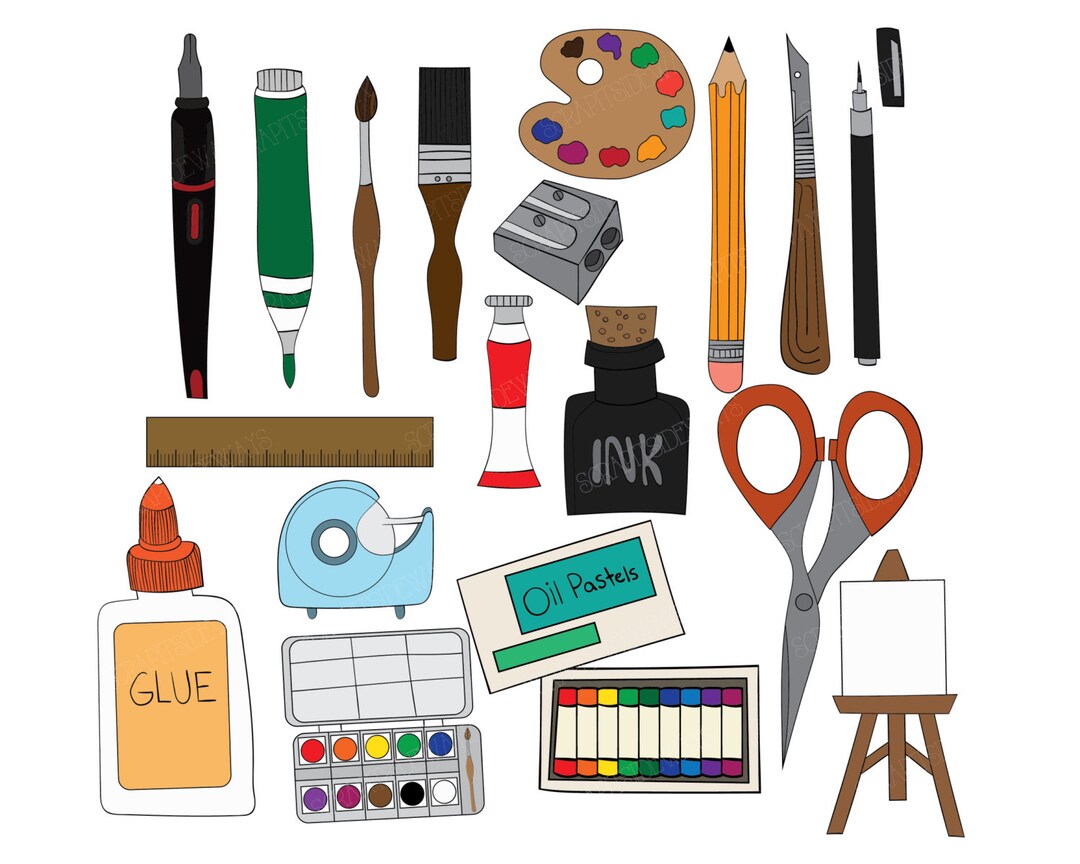 Set of 16 Art Supplies Clipart Doodle Hand Drawn Digital Images ...