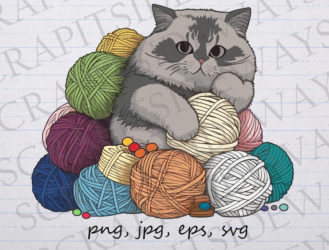 Cat With Yarn Clipart Vector Graphic Svg Png Jpg Eps Cute Cat With Lots ...