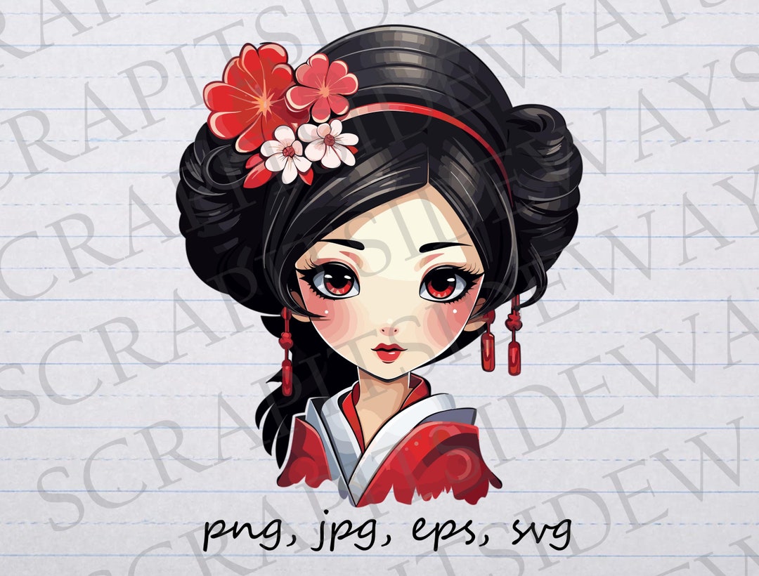 Cute Geisha Face Clip Art Clipart Vector Graphic Svg Png Jpg Eps, Chibi ...