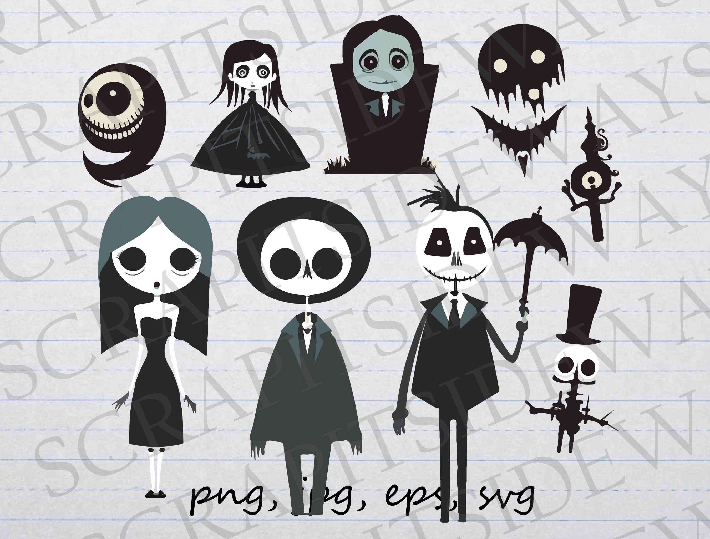 Tim Burton Style Gothic Clipart Vector Graphic Svg Png Jpg Eps Set of 9 ...