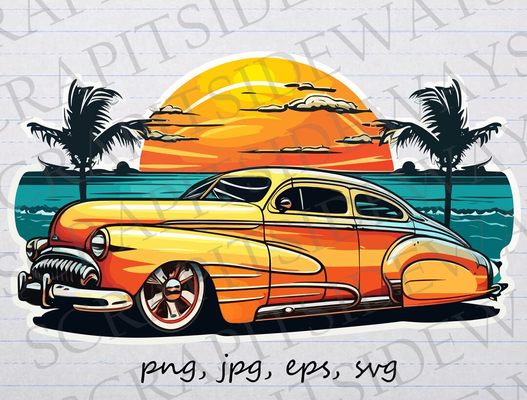 Vintage Car on Beach Clipart Vector Graphic Svg Png Jpg Eps Retro Lead ...