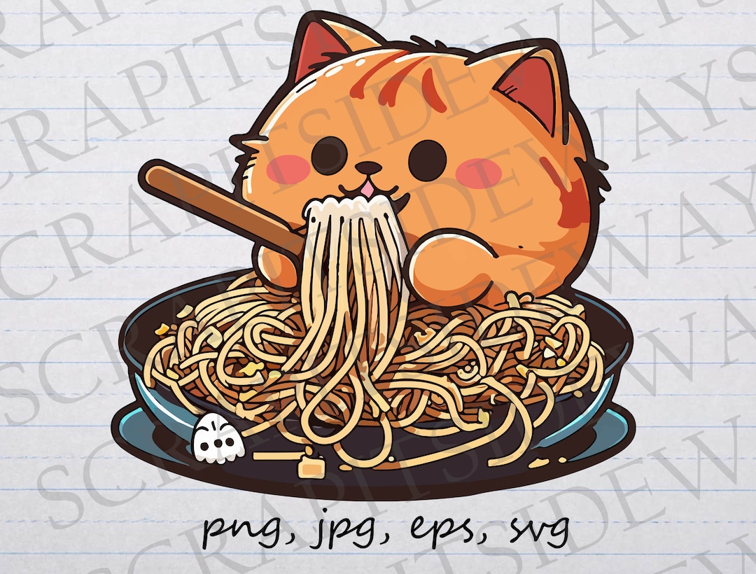 Cat Eating Spaghetti Noodles Clipart Vector Graphic Svg Png Jpg Eps ...