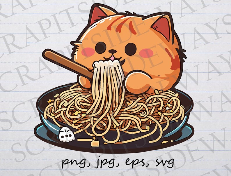 Cat Eating Spaghetti Noodles Clipart Vector Graphic Svg Png Jpg Eps ...