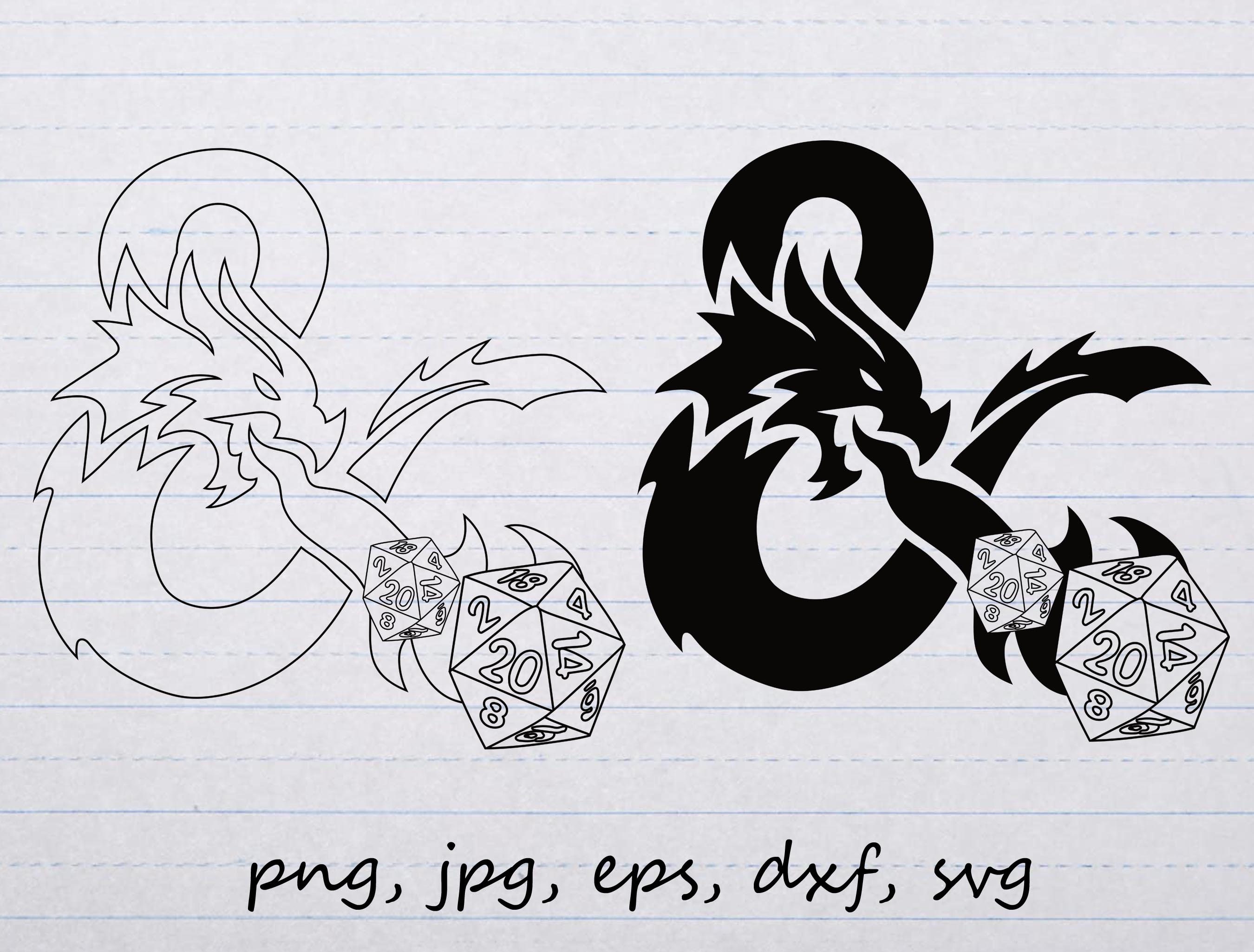 Dungeons and Dragons D&d Dragon and Dice Silhouette Outline Clipart ...