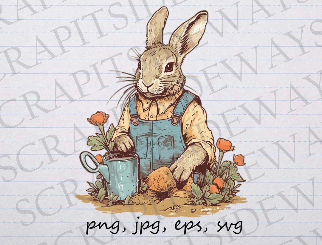Vintage Rabbit Gardener Clip Art Clipart Vector Graphic Svg Png Jpg Eps ...