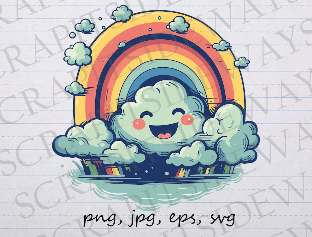 Happy Rainbow With Clouds Clip Art Clipart Vector Graphic Svg Png Jpg ...