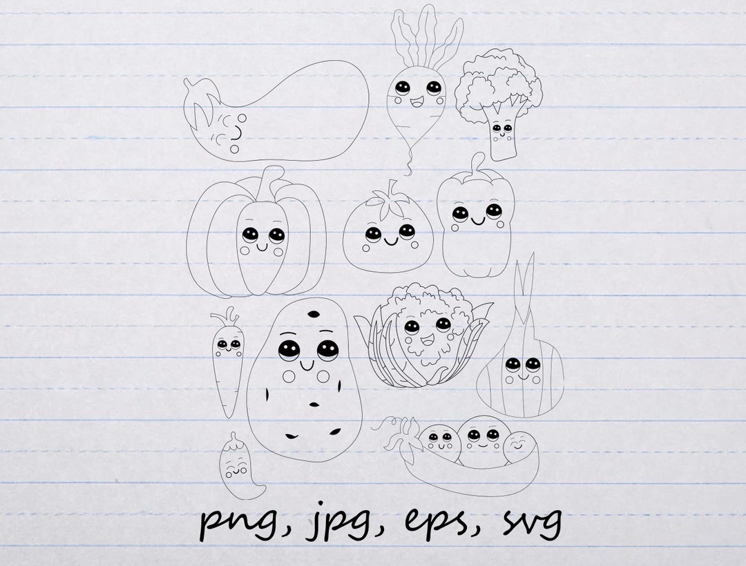 Set of 12 Cute Vegetables Outline Clipart Vector Graphic Digital Stamp ...