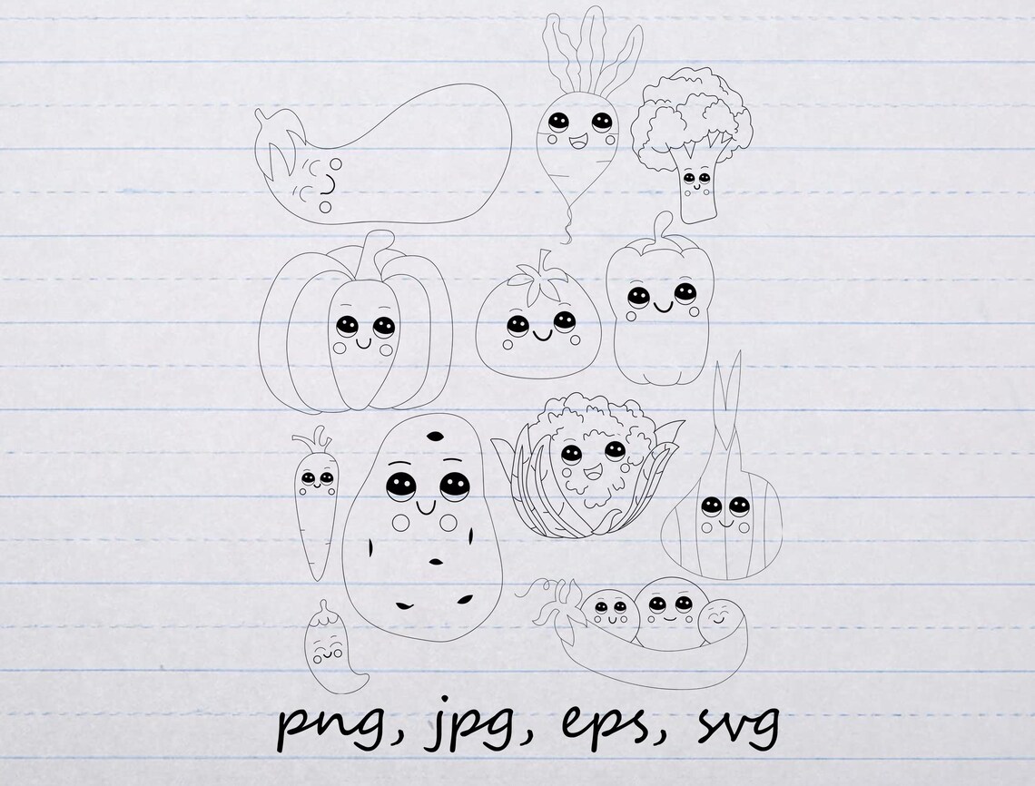 Set of 12 Cute Vegetables Outline Clipart Vector Graphic Digital Stamp ...