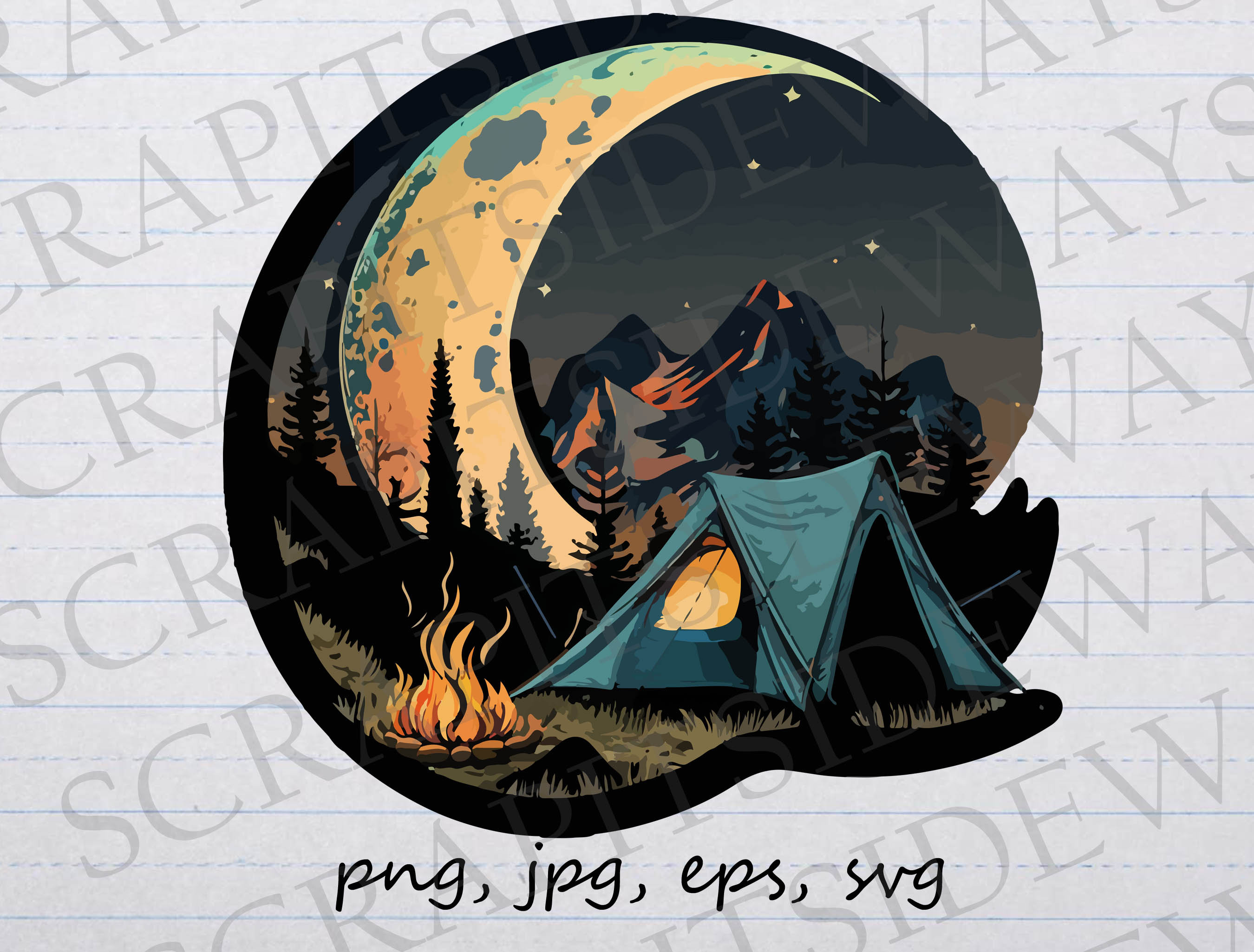 Camping Scene With Big Moon Clipart Vector Graphic Svg Png Jpg Eps ...