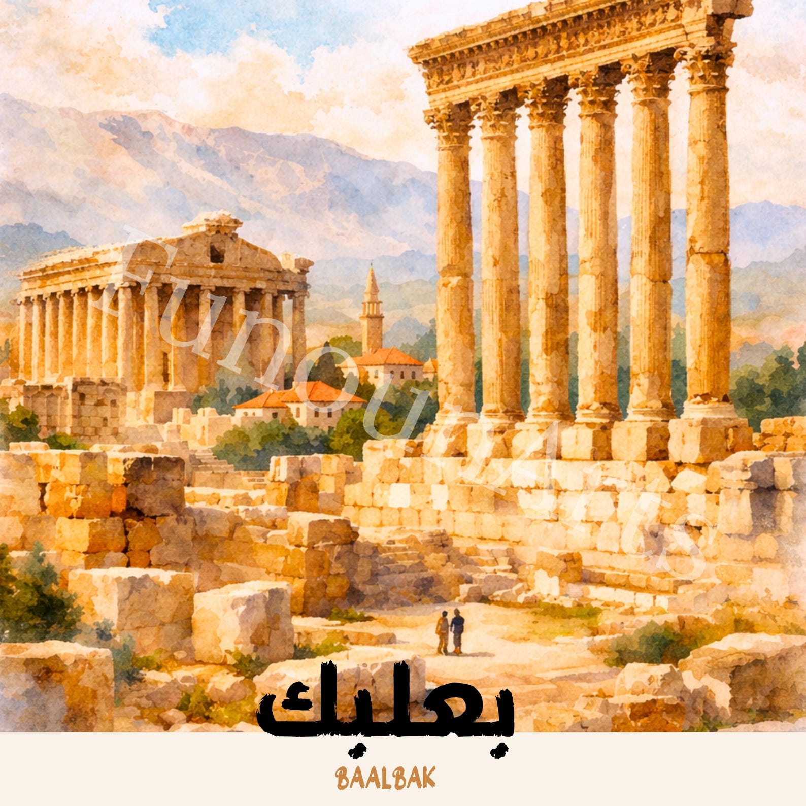 Baalbek Lebanon Print | Ancient Roman Temple Watercolor Art 12x12 in ...