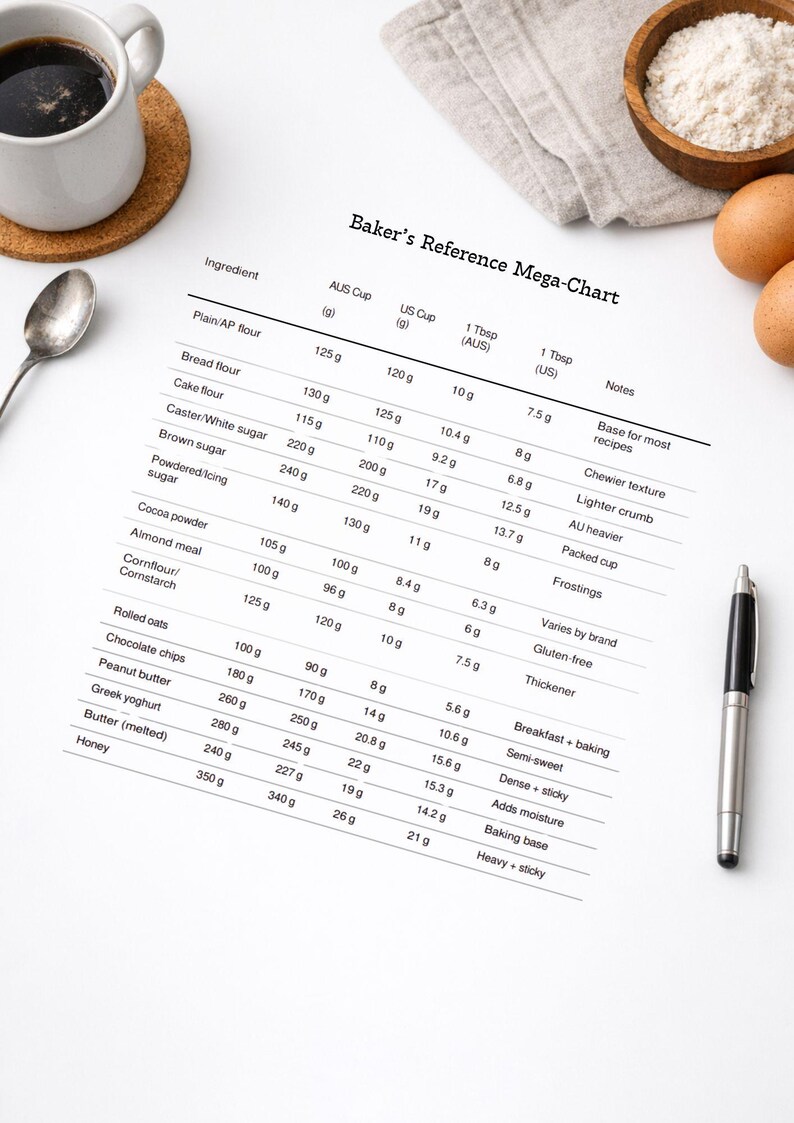Kitchen Conversion Chart Printable A4 Cups to Grams Baking Guide Oven ...