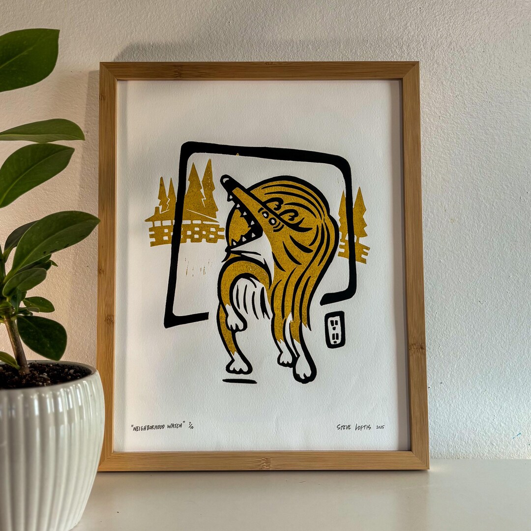 Barking Dog Linocut Print in Gold and Black - Etsy